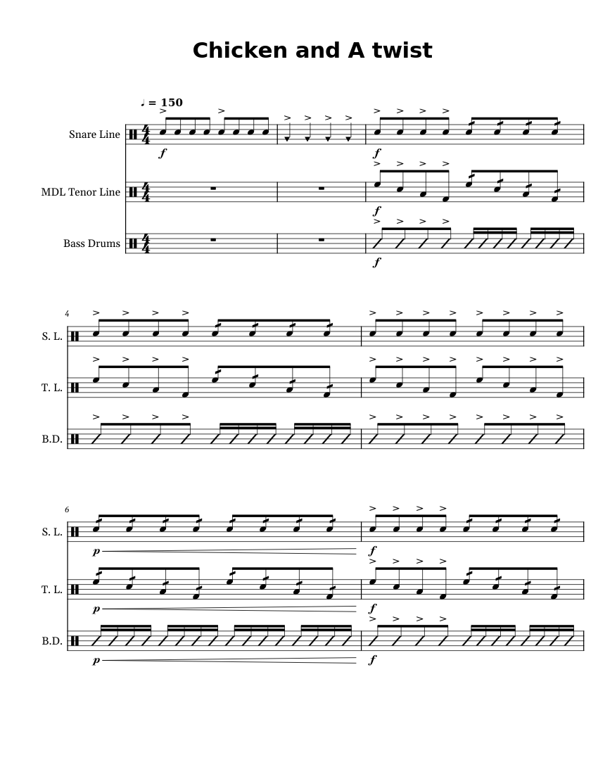 Chicken and A twist Sheet music for Snare drum, Tenor drum, Bass drum ...