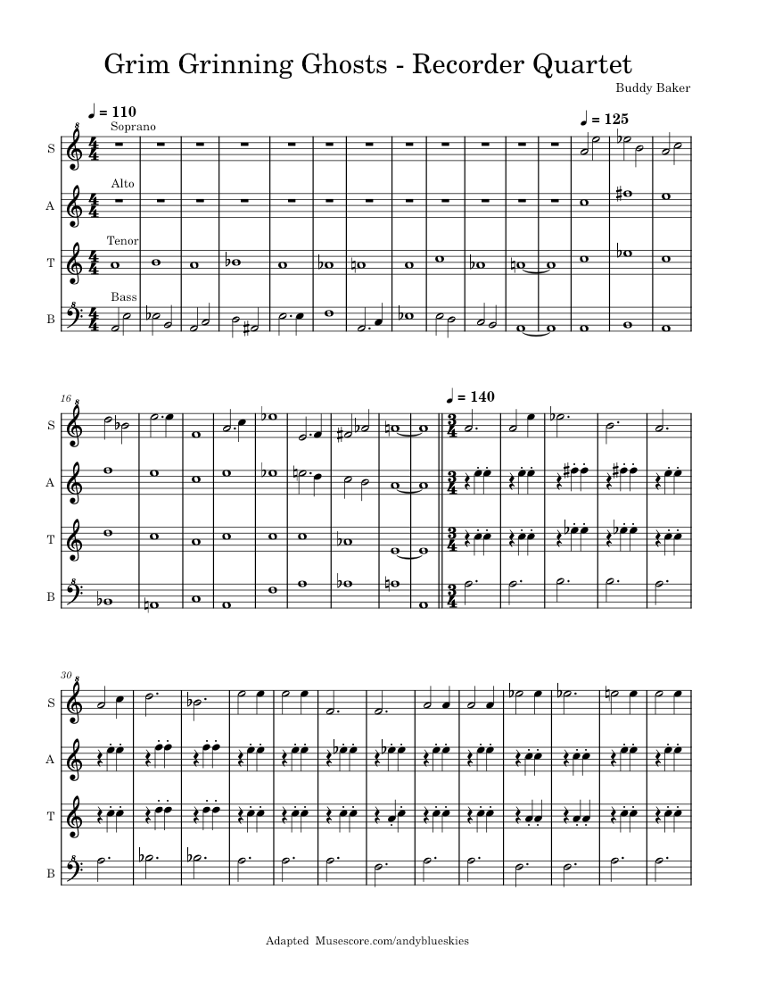 Grim Grinning Ghosts - Recorder Quartet Sheet music for Recorder ...