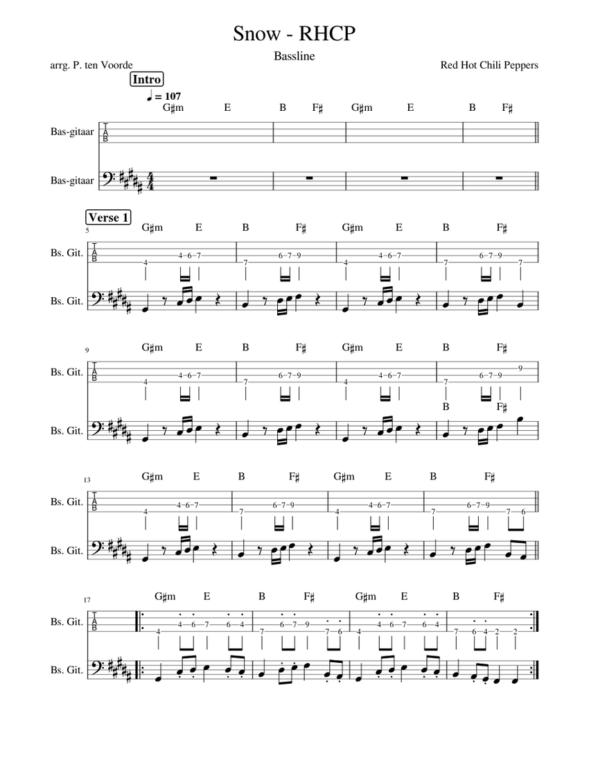 Snow hey oh – Red Hot Chili Peppers - Bassline Sheet music for Bass ...