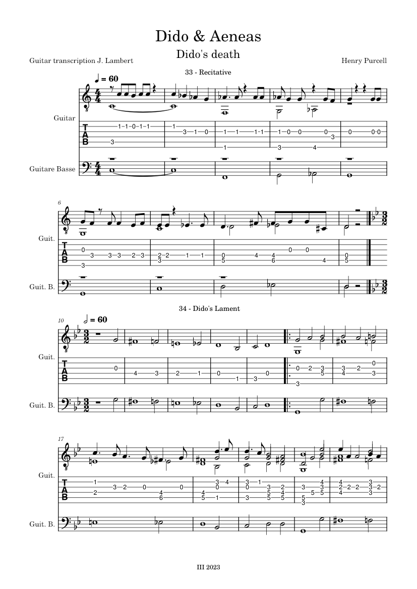 Didon et Enée for guitar Recitative/Dido's Lament/Final chorus Sheet ...