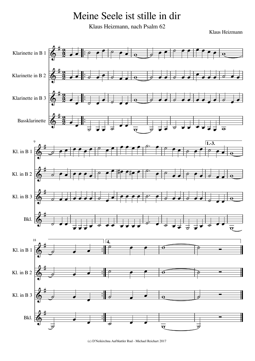 Meine Seele ist stille in Dir – Klaus Heizmann Sheet music for Clarinet other (Woodwind Quartet ...