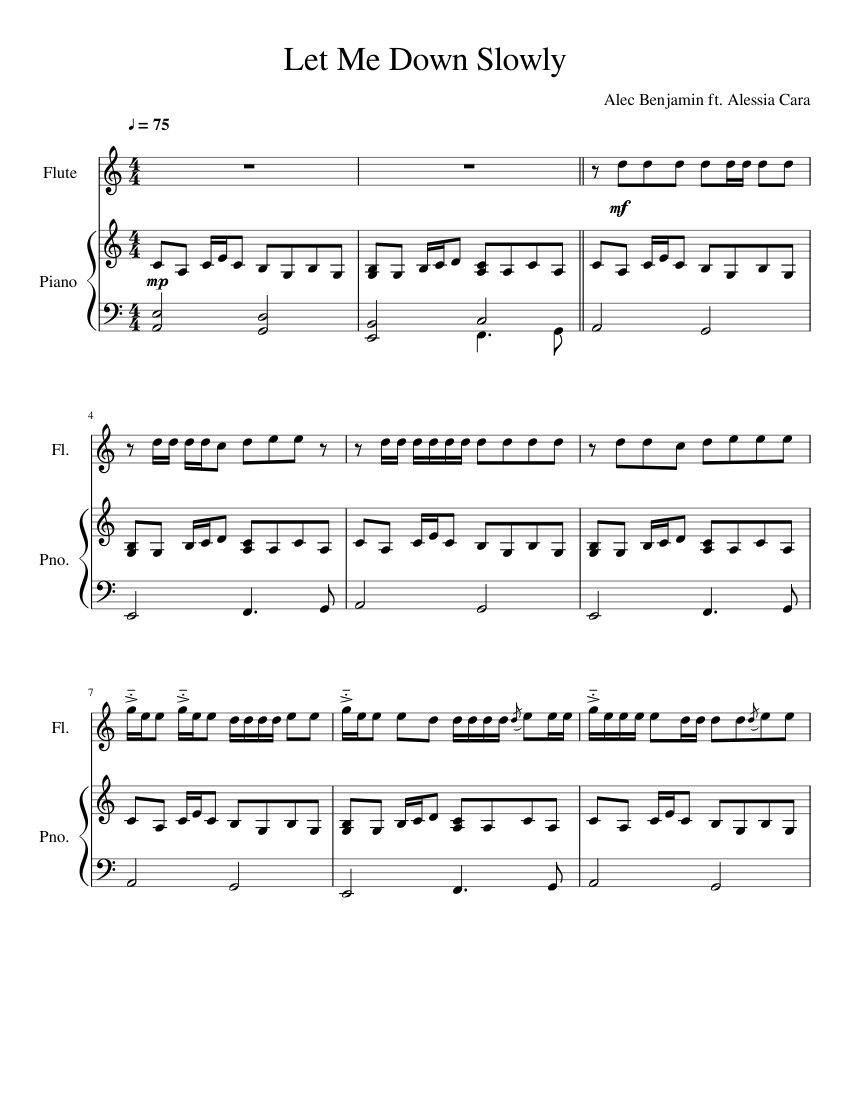 Let Me Down Slowly C Major Sheet music for Piano, Flute (Solo ...