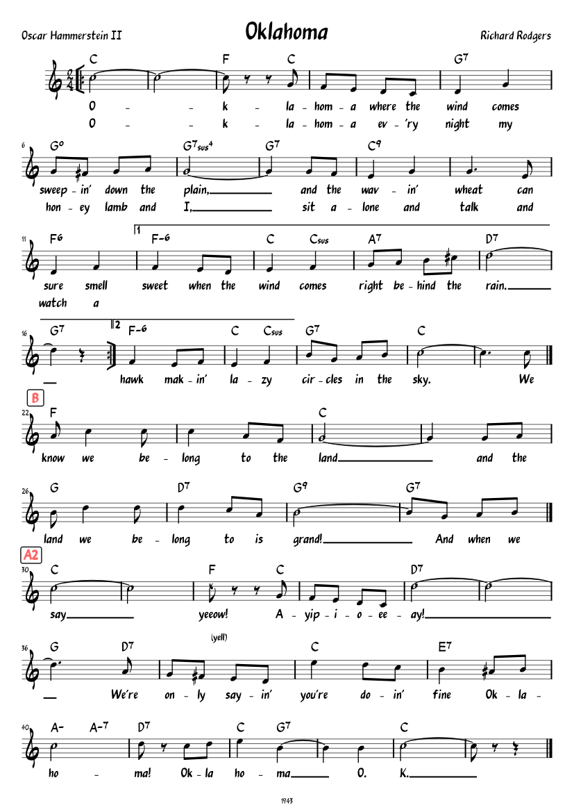 Oklahoma (Lead sheet with lyrics ) Sheet Music with Chords for Piano ...