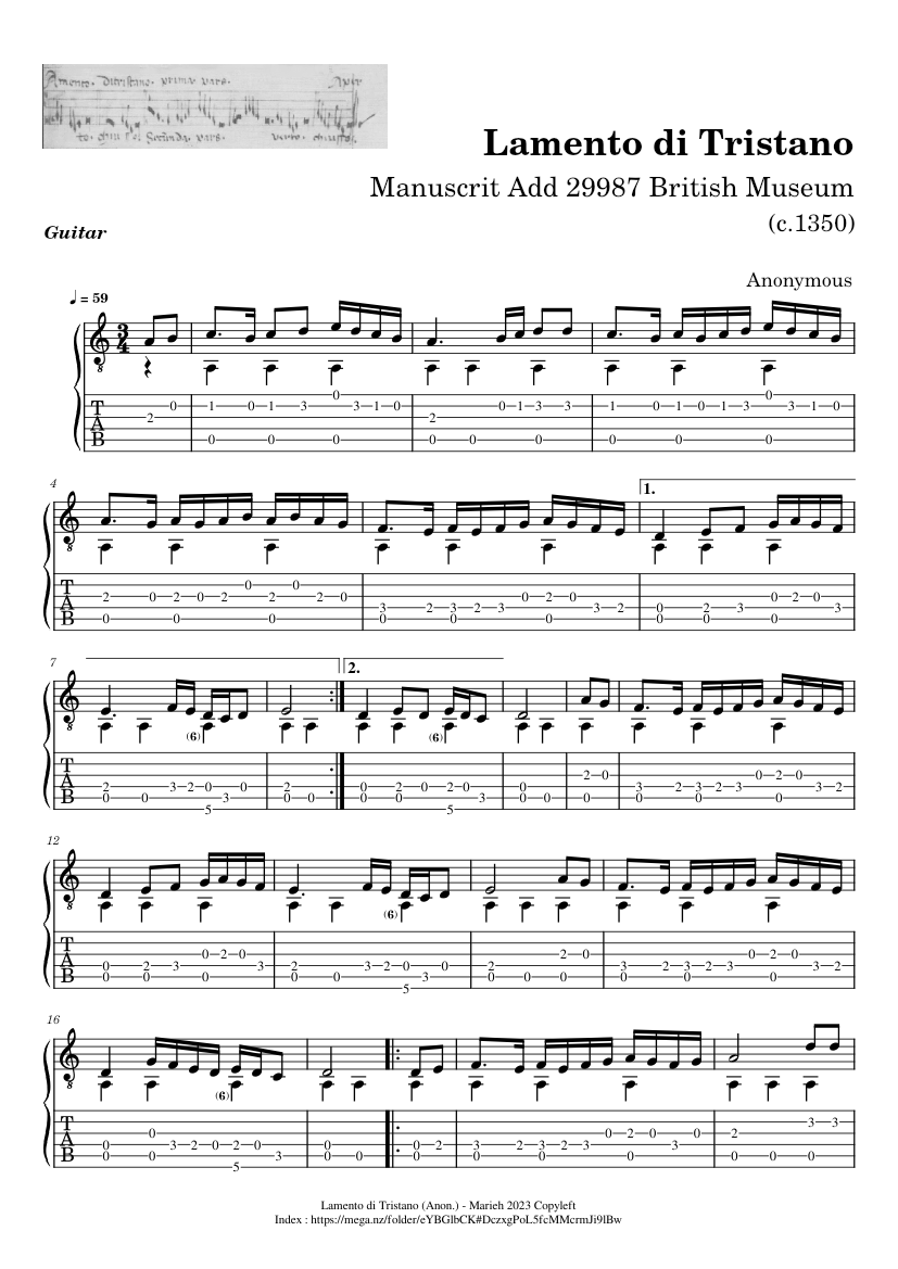 Lamento di Tristano – Anonymous (c.1350) - Tablature Sheet music for ...