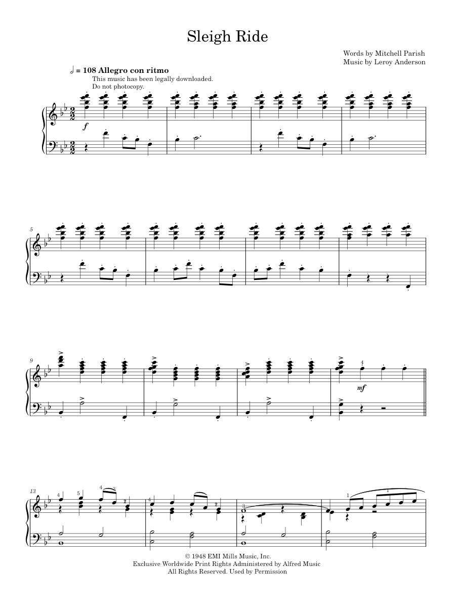 Play Official version of Sleigh Ride Sheet Music by Leroy Anderson for ...