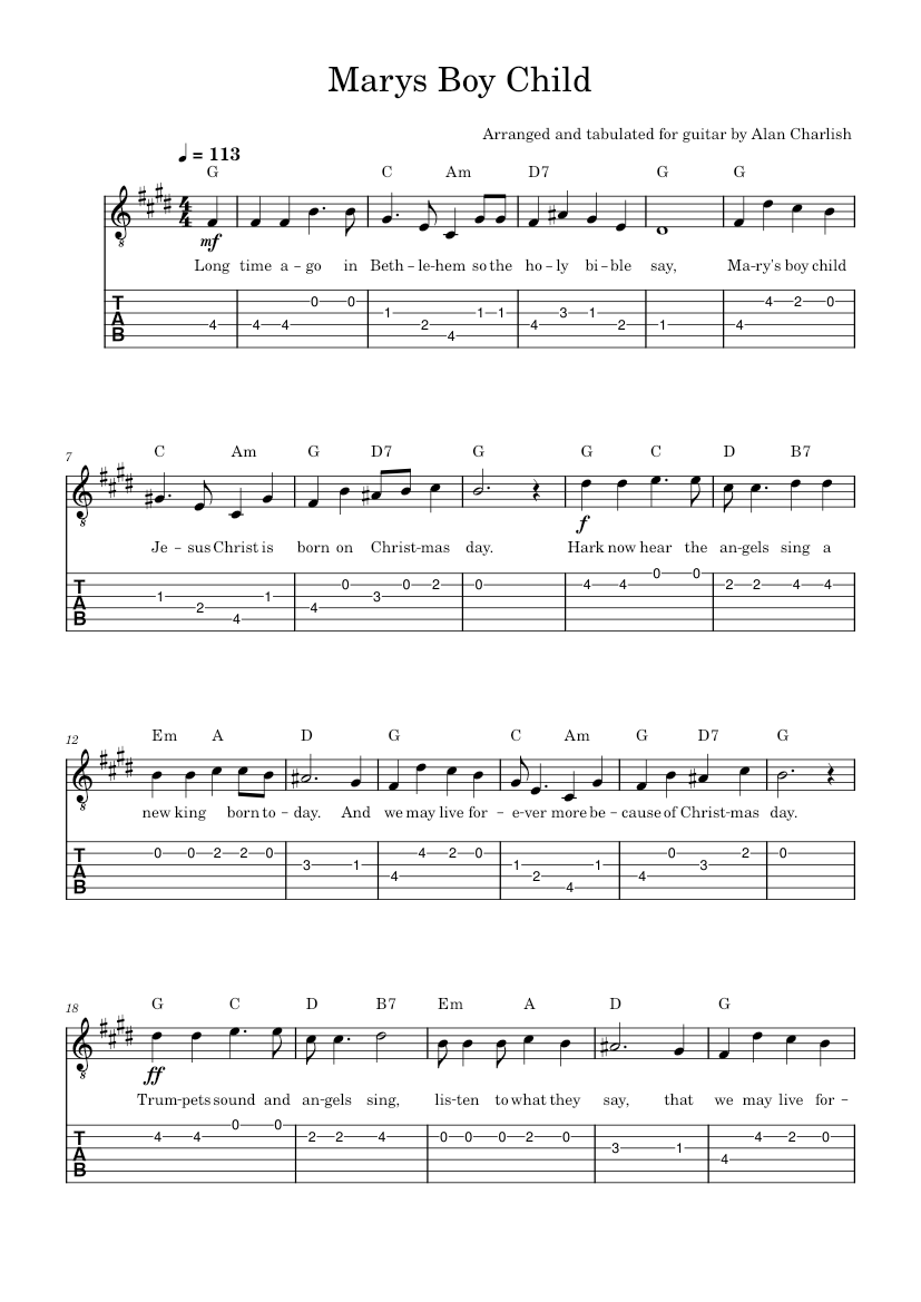 Marys Boy Child Sheet Music and Tab with Chords for Guitar (Solo ...