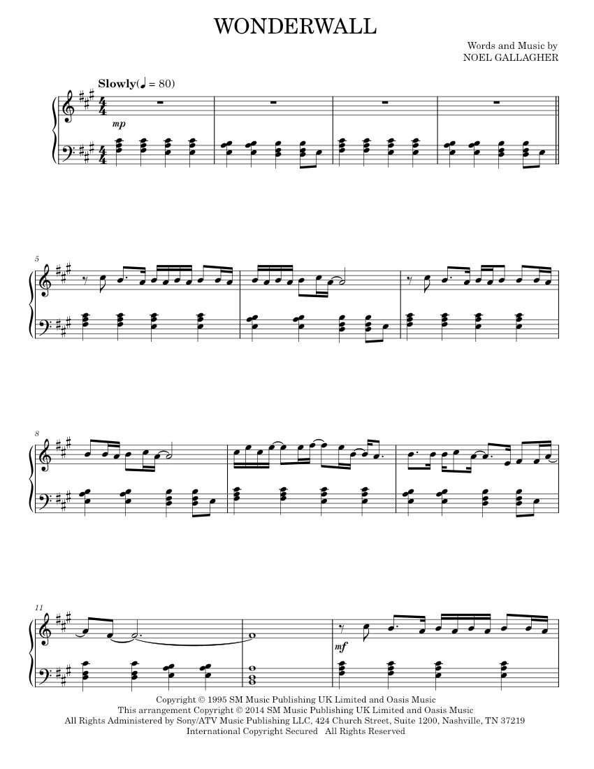 Play Official version of Wonderwall sheet music by Oasis for Piano | MuseScore.com