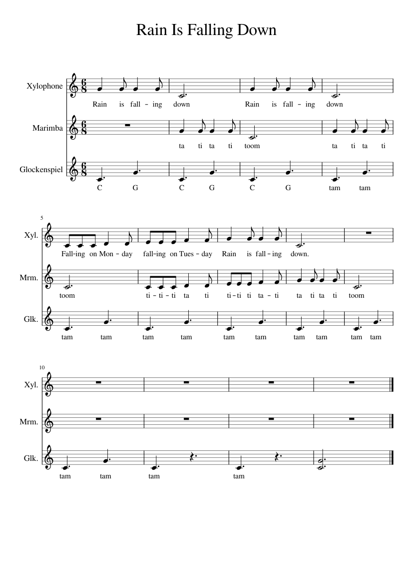 Rain Is Falling Down Sheet music for Glockenspiel, Marimba, Xylophone ...