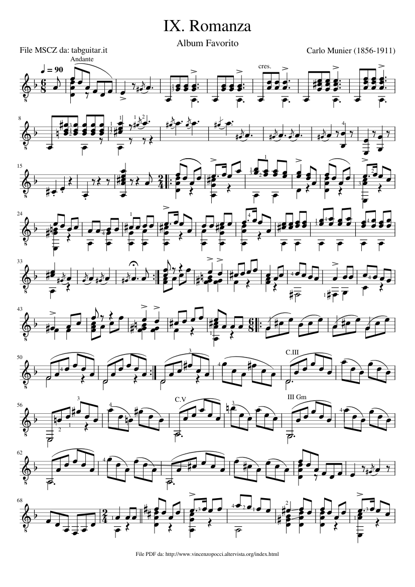 Album Favorito, n° 9, Romanza – Carlo Munier Sheet music for Guitar ...