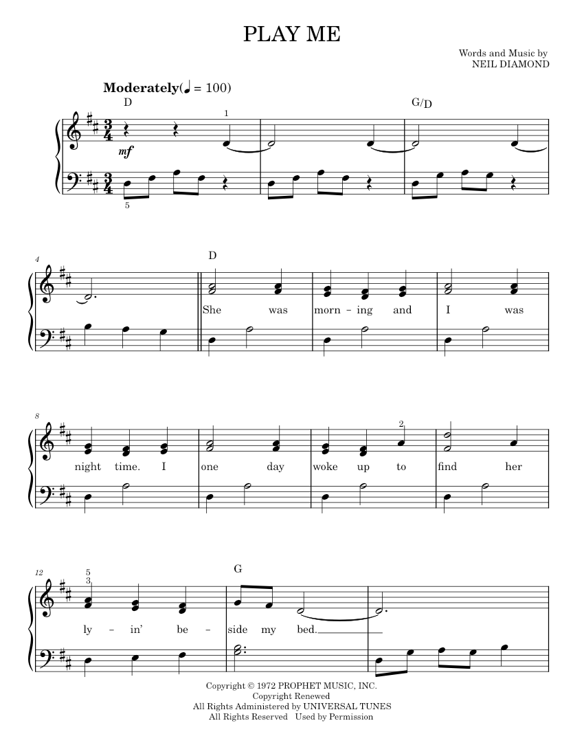 Play Official version of Play me Sheet Music by Neil Diamond for Piano ...
