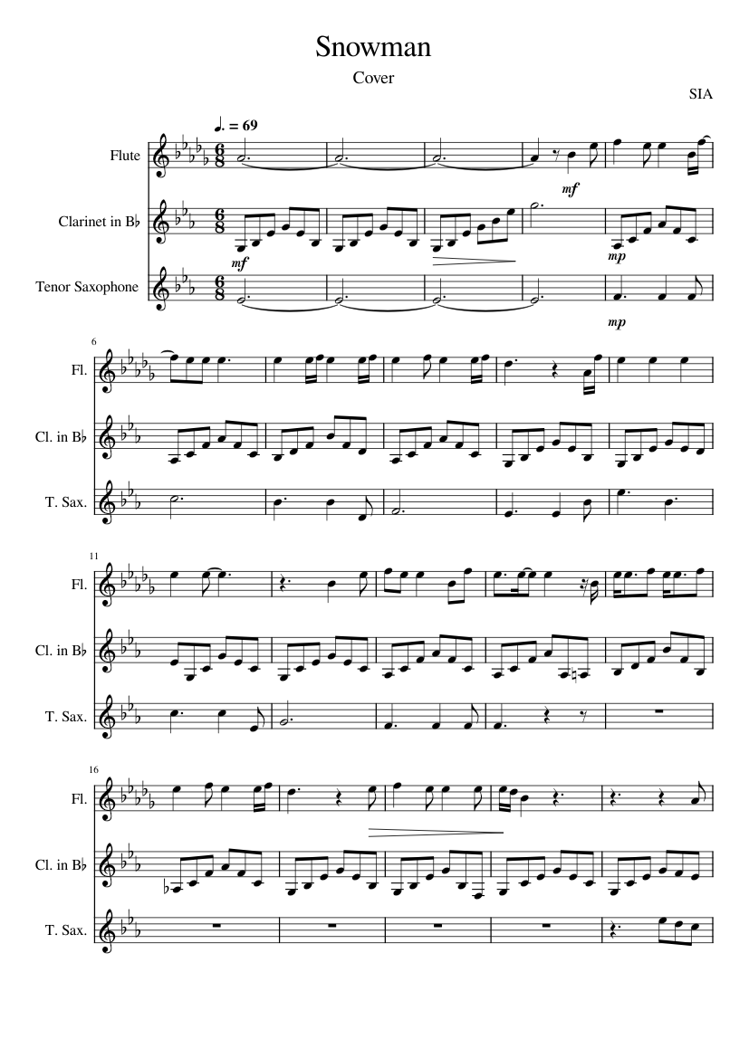 Snowman – Sia Sia - Snowman Sheet Music for Flute, Saxophone tenor ...