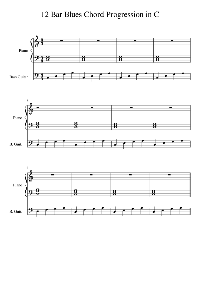 12 Bar Blues Chord Progression in C Sheet music for Piano, Bass guitar ...