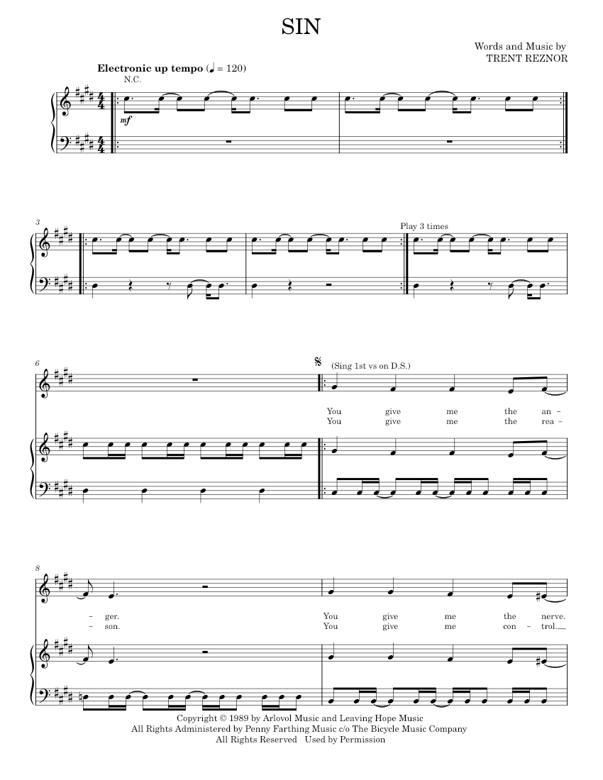sin Sheet music for Piano, Vocals by Nine Inch Nails: Music Notes by ...