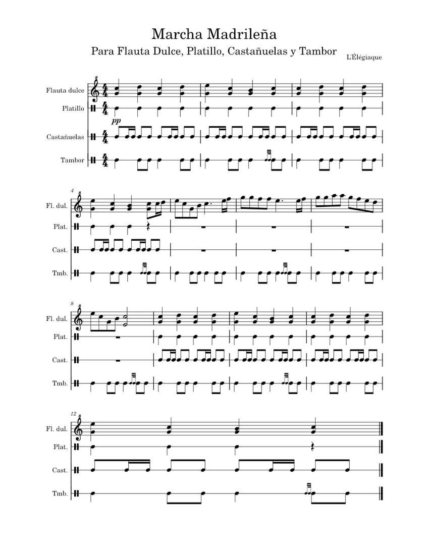 Marcha Madrileña Sheet music for Snare drum, Crash, Recorder, Castanets ...