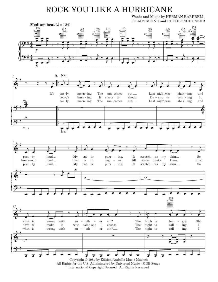 rock you like a hurricane Sheet music for Piano, Vocals by Scorpions ...