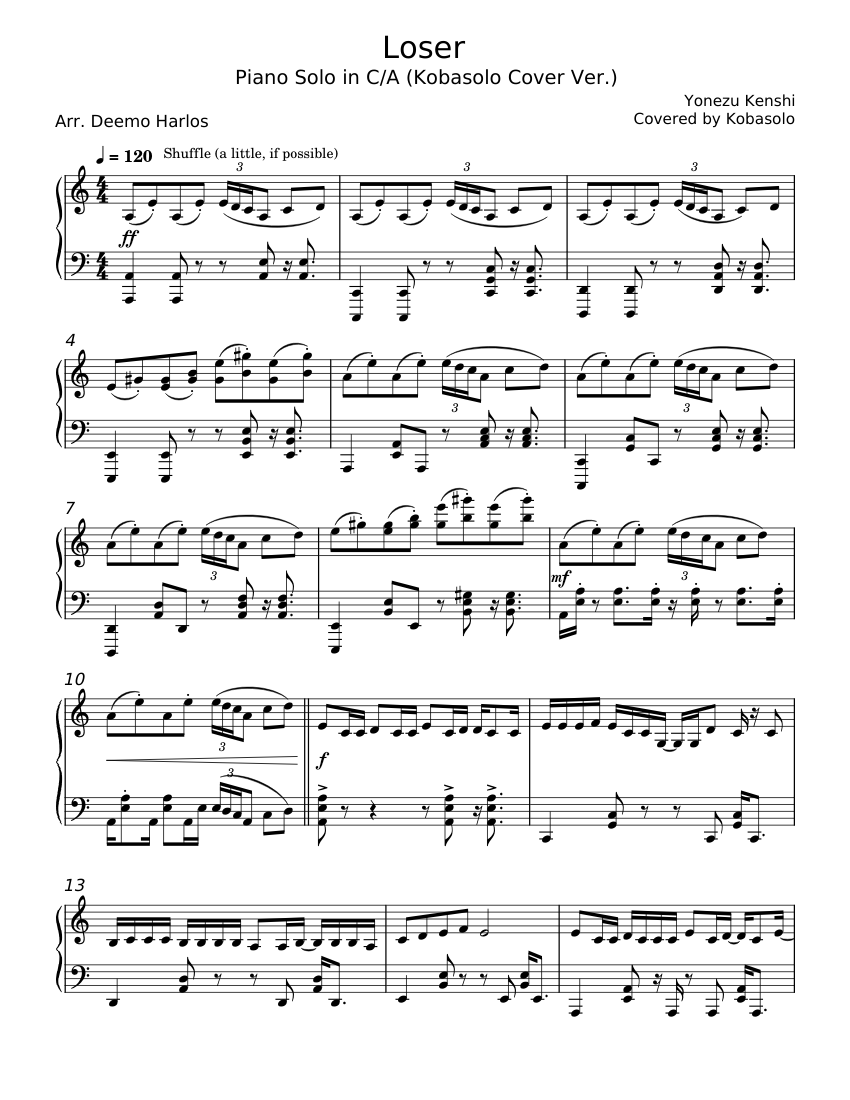 Loser - Kenshi Yonezu (米津 玄師) Sheet music for Piano (Solo) Easy ...