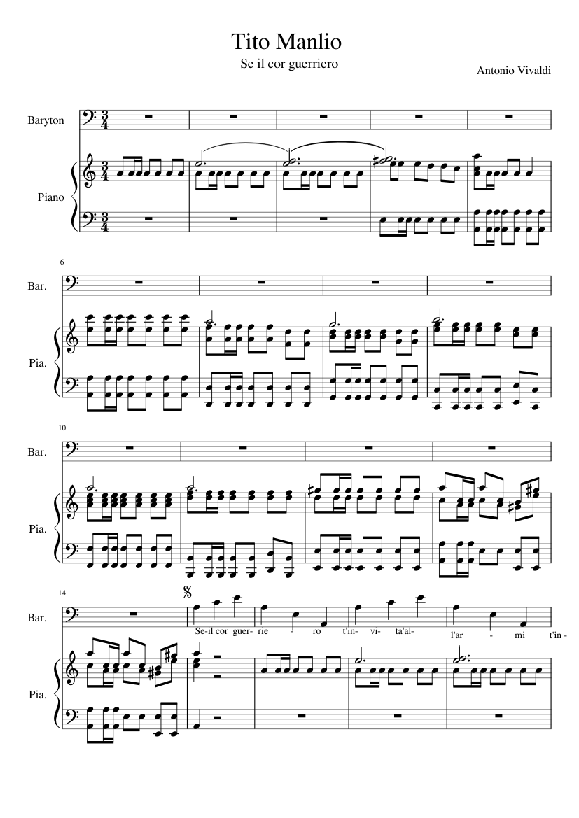 Tito Manlio Sheet Music for Piano, Baritone (Piano-Voice) | MuseScore.com