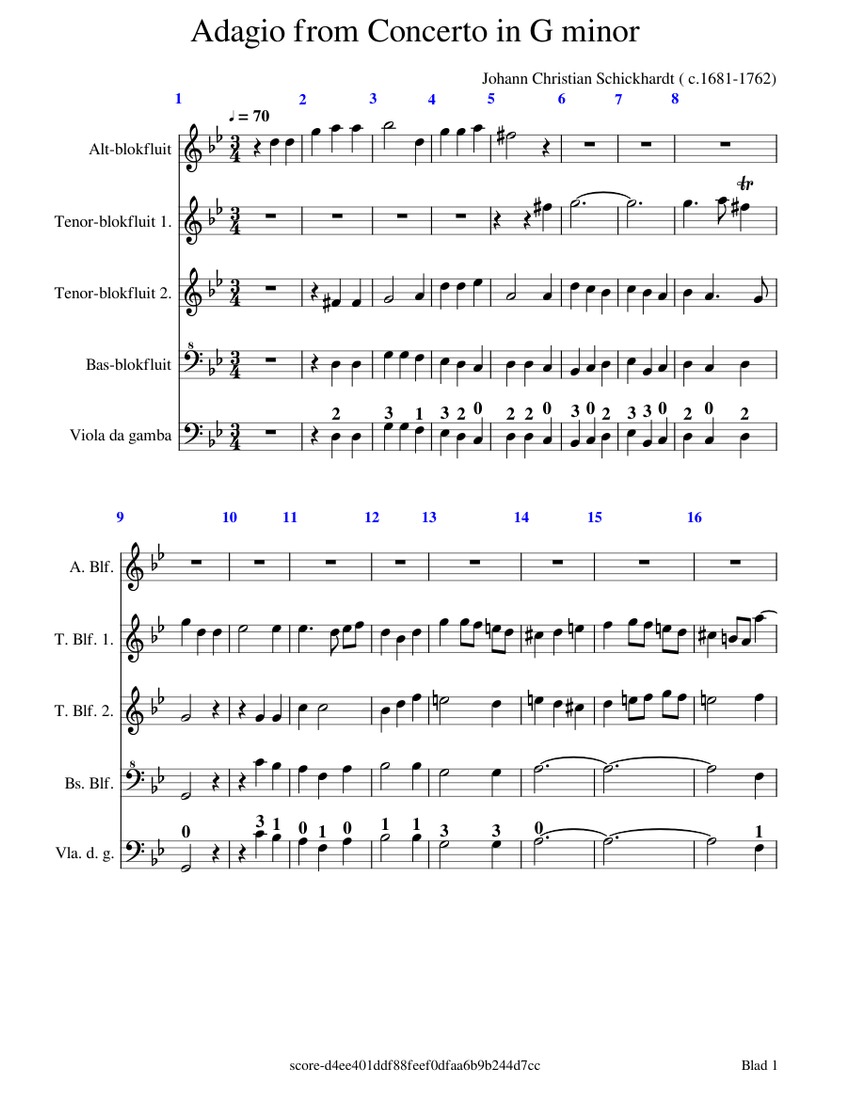 Adagio from Concerto in G minor Sheet music for Recorder (Mixed Quartet ...