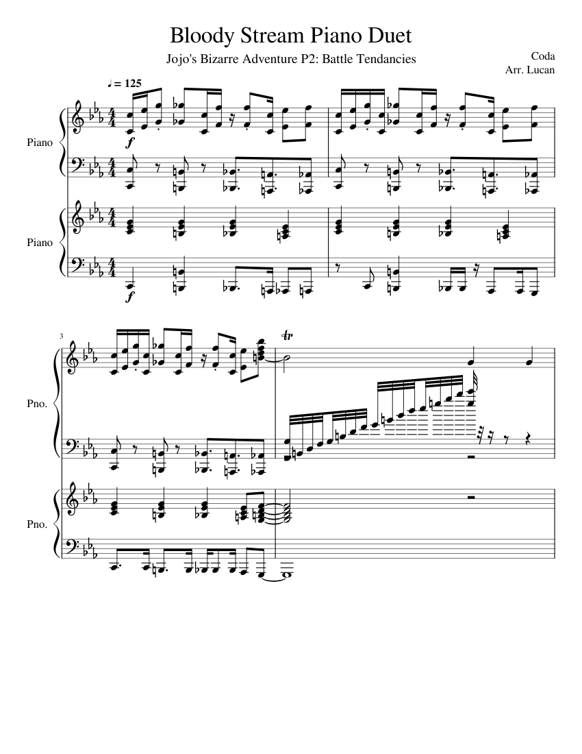 Bloody Stream Piano Duet - Jojo's Bizarre Adventure OP 2 Sheet music ...