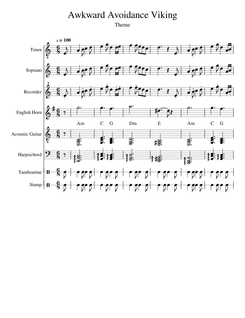Awkward Avoidance Viking Theme Sheet music for Soprano, Tenor ...