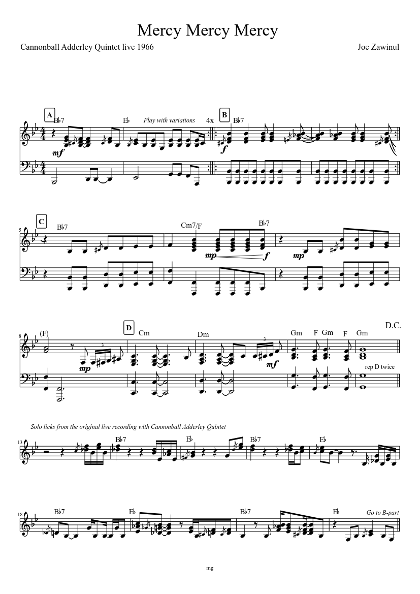 Mercy Mercy Mercy Sheet Music with Chords for Piano (Piano Duo ...