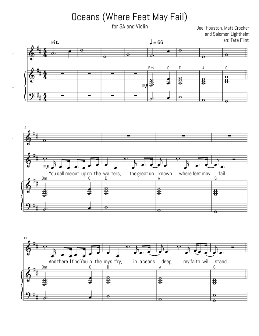 Oceans (Where Feet May Fail) for SA and Violin Sheet Music for Piano ...