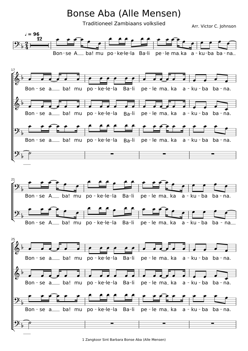 Bonse Aba (Alle Mensen)_koorpartituur Sheet Music for Soprano, Alto ...