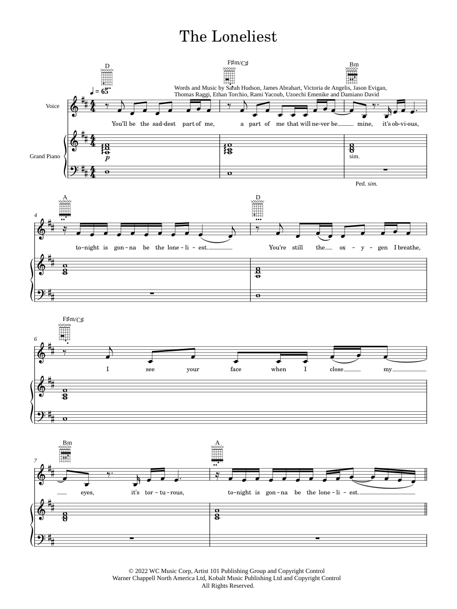 The loneliest Sheet music for Piano, Vocals: Music Notes