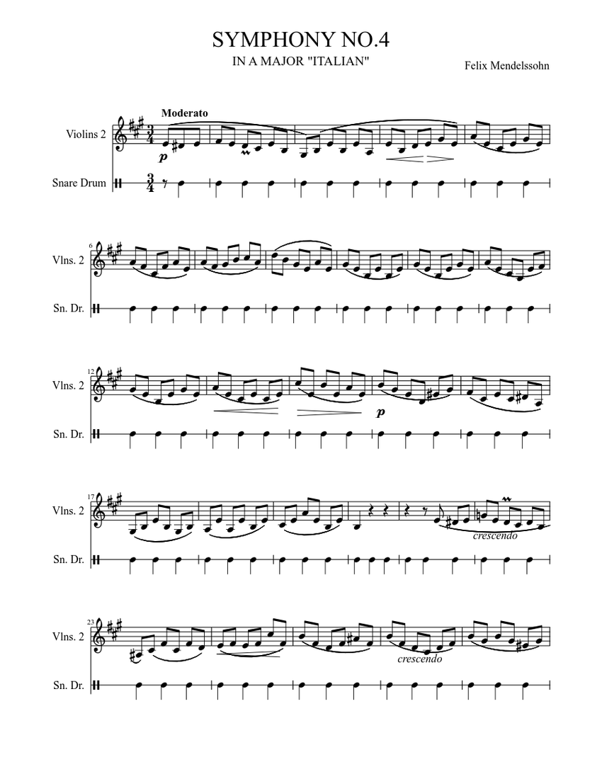 SYMPHONY IN A MAJOR "ITALIAN" the third movement Sheet music for Snare ...