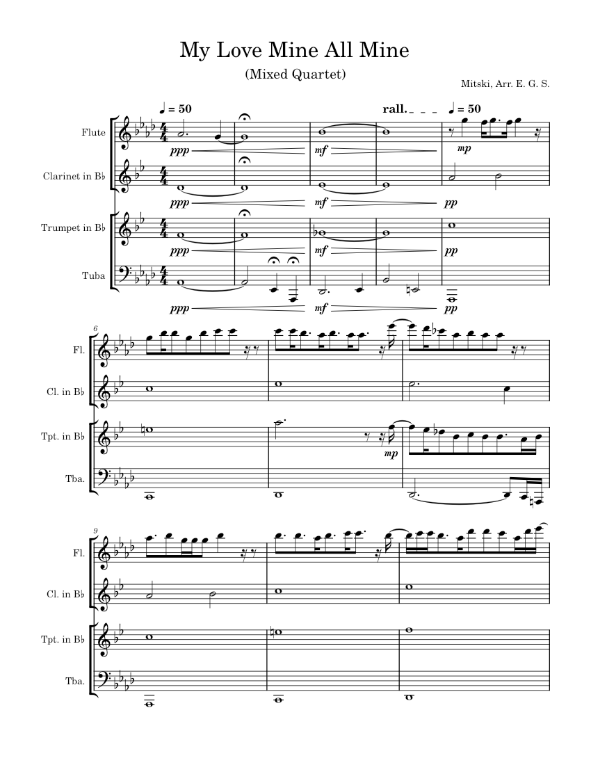 My Love Mine All Mine – Mitski Sheet Music for Tuba, Flute, Clarinet ...