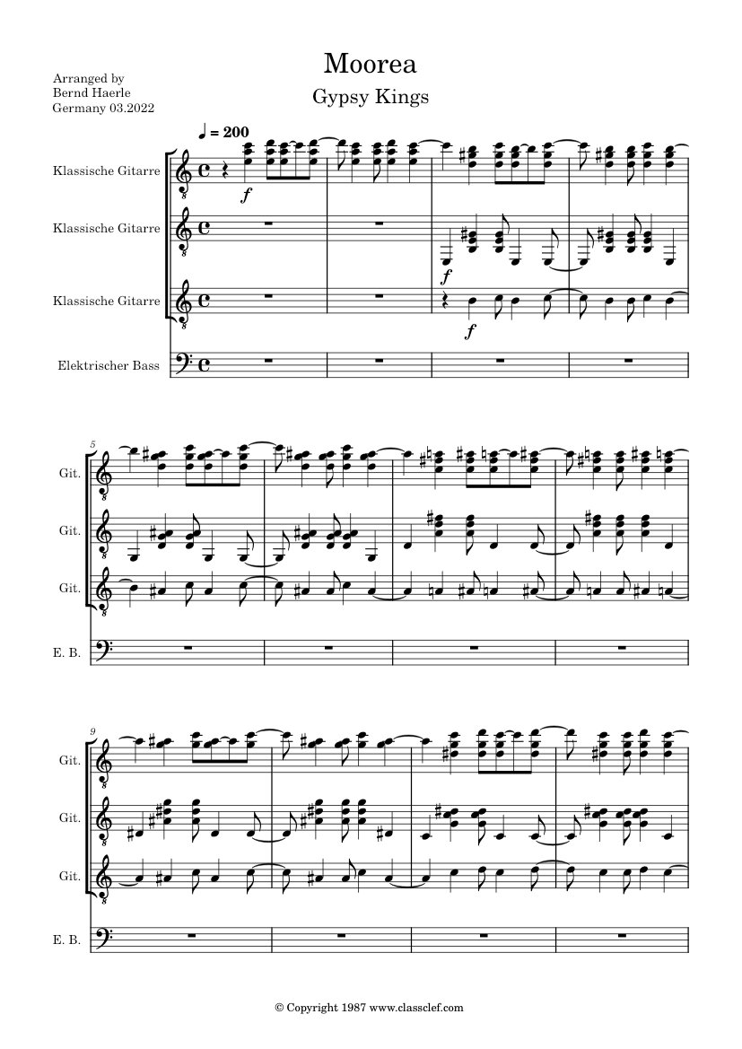 Moorea – Gipsy Kings Sheet Music for Guitar, Bass guitar (Mixed Quartet ...