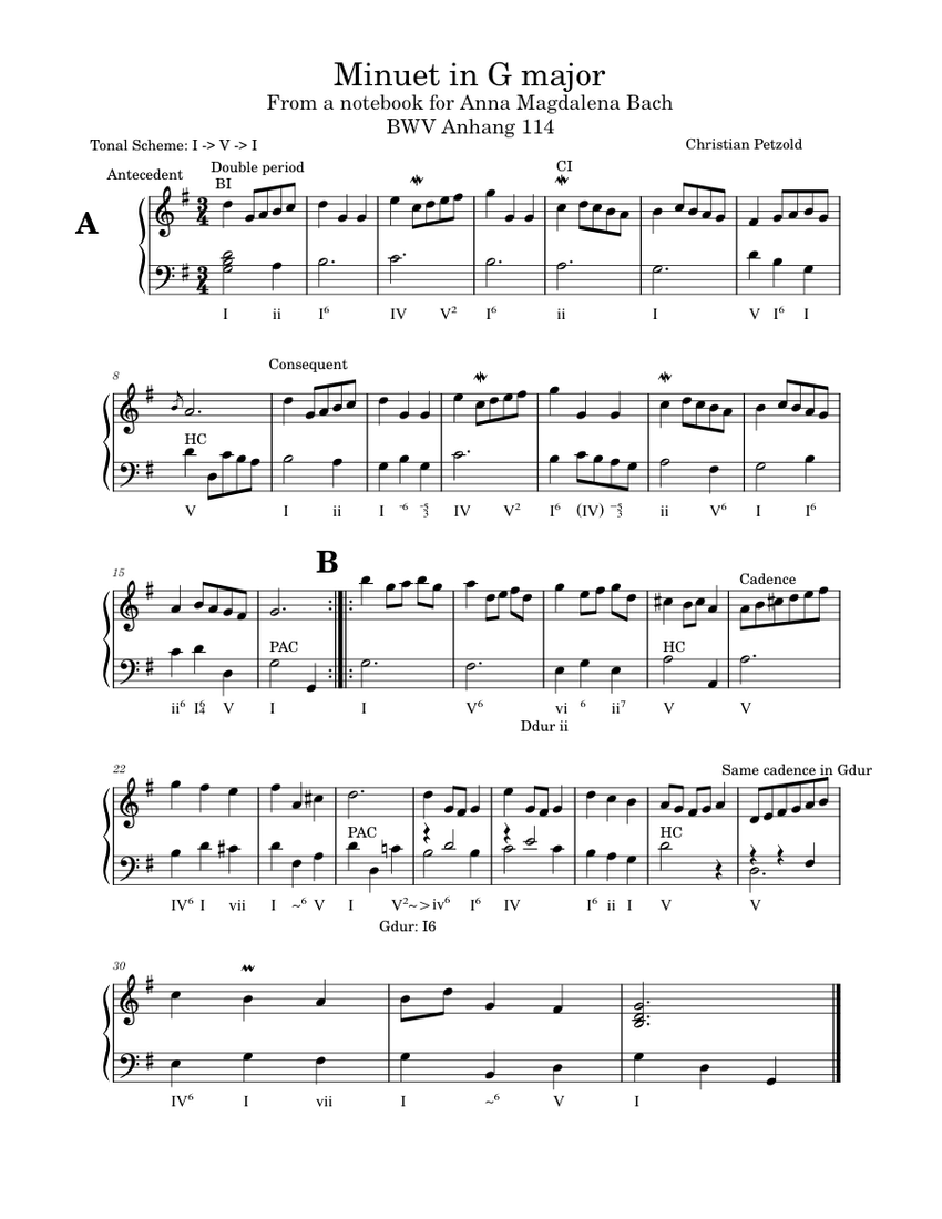 Minuet in G Major BWV Anhang 114 - Harmony/Structure analysis Sheet ...