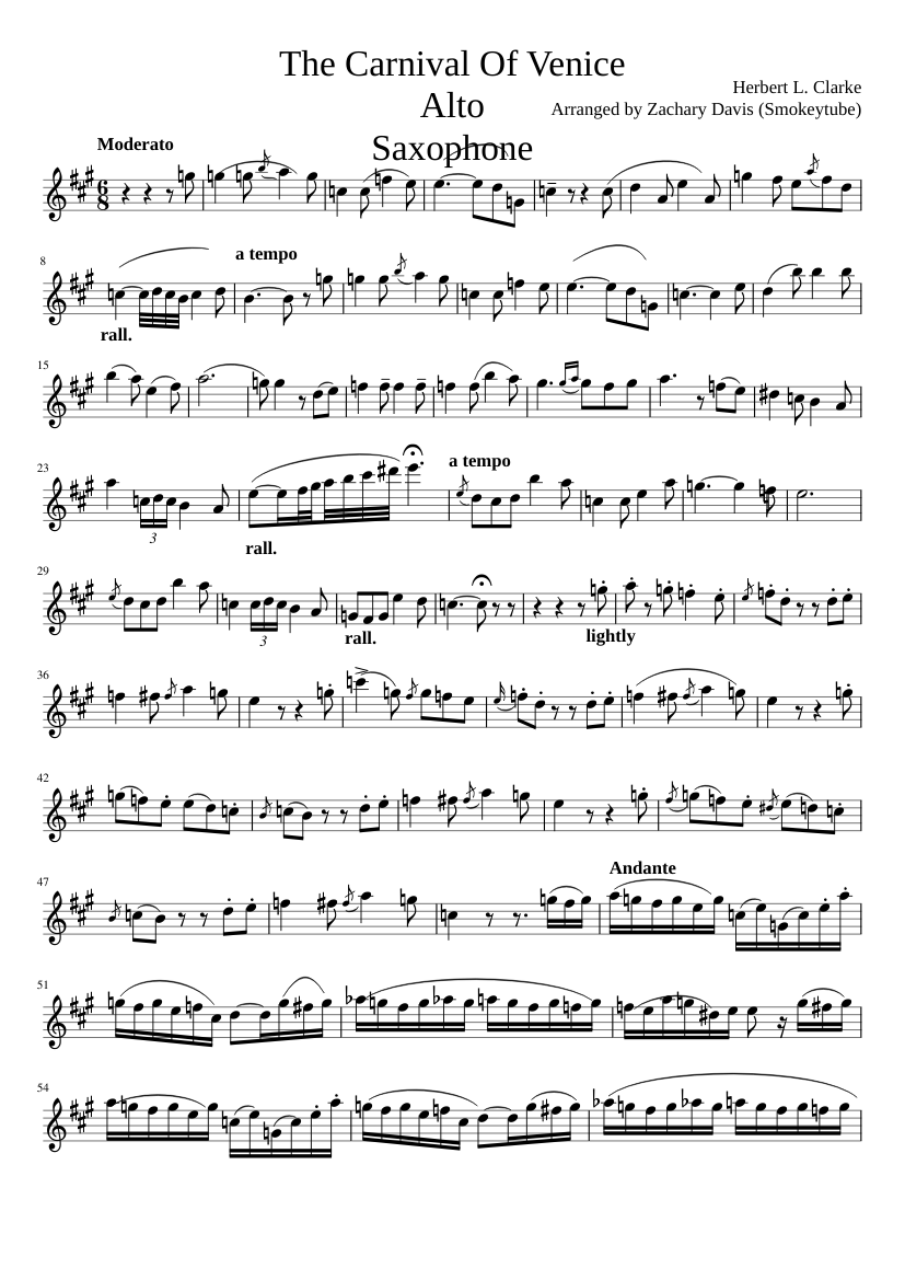 The Carnival Of Venice Alto Saxophone Sheet Music for Saxophone alto (Alto Sax Piano Duet ...
