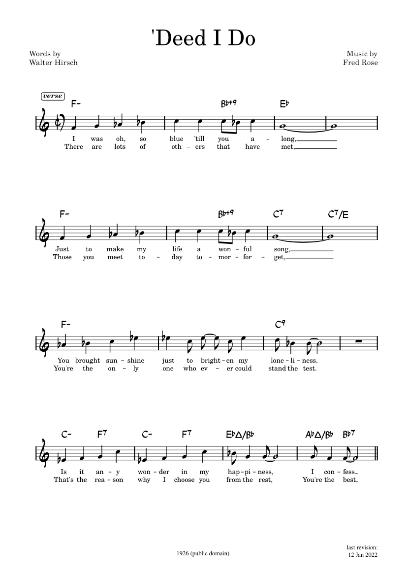 'Deed I Do – Fred Rose [lead sheet with verse and lyrics] Sheet Music ...
