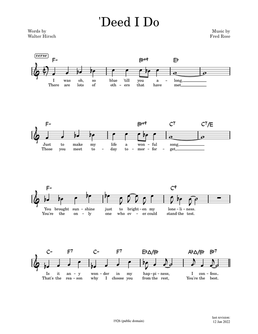 'Deed I Do – Fred Rose [lead sheet with verse and lyrics] Sheet music ...