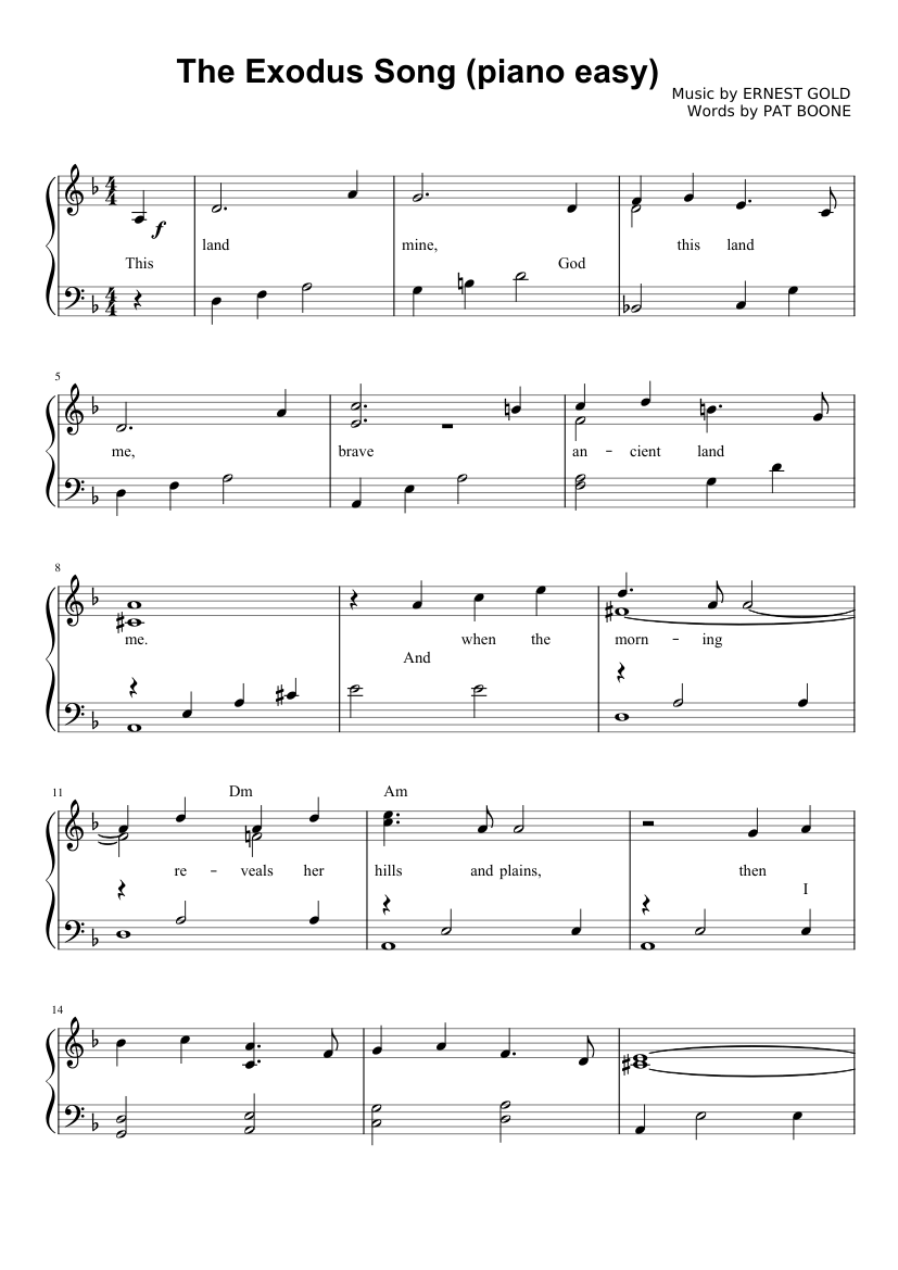 The Exodus Song - by Ernest Gold Sheet Music for Piano (Solo) easy ...