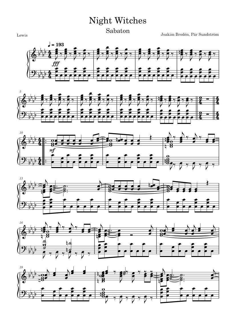 Night witches – Sabaton Sheet Music for Piano (Solo) | MuseScore.com