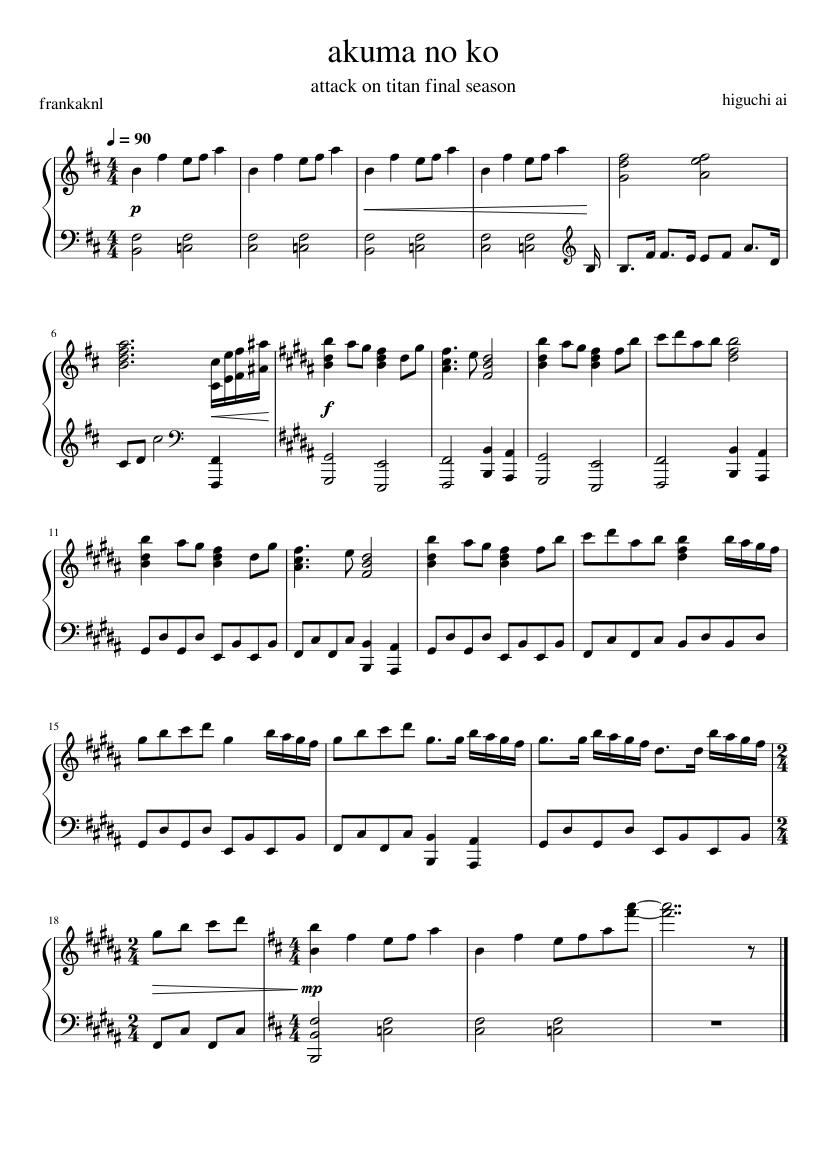 Akuma no Ko – Ai Higuchi (short ver.) Sheet music for Piano (Solo) Easy ...