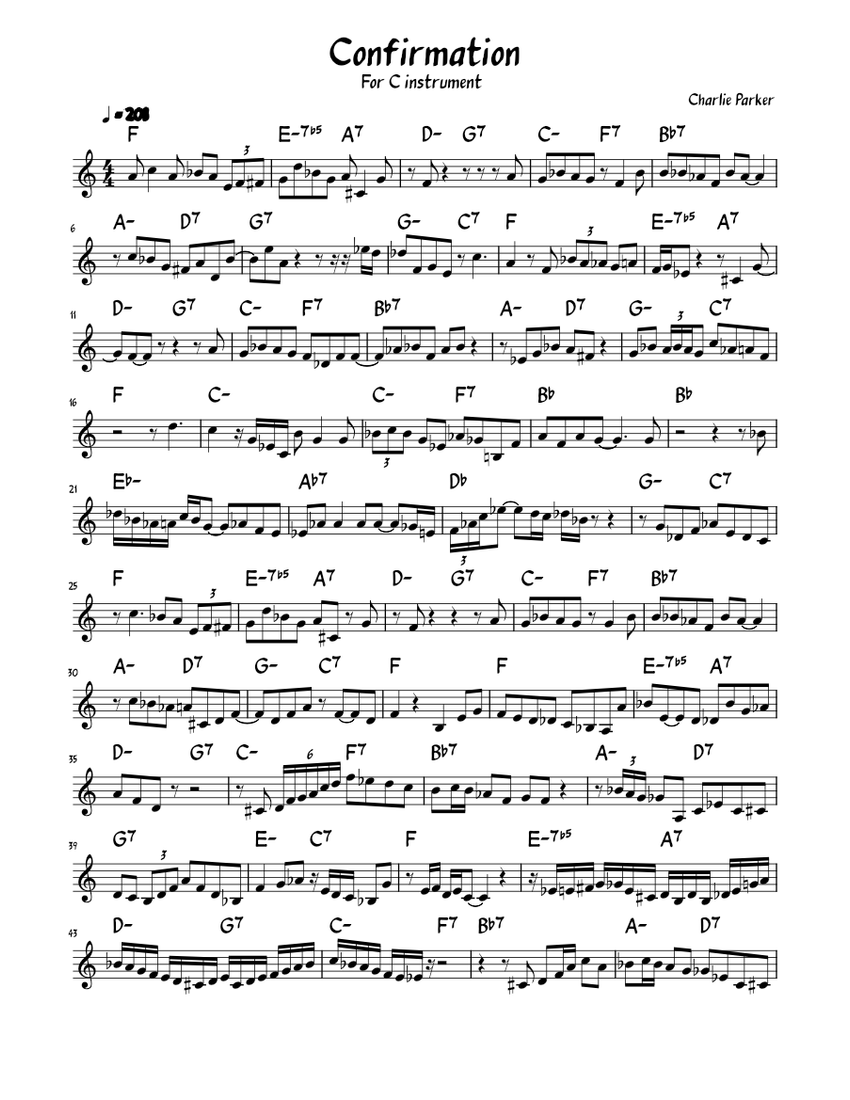 Confirmation Charlie Parker Theme Solo Chords Sheet music for Piano ...