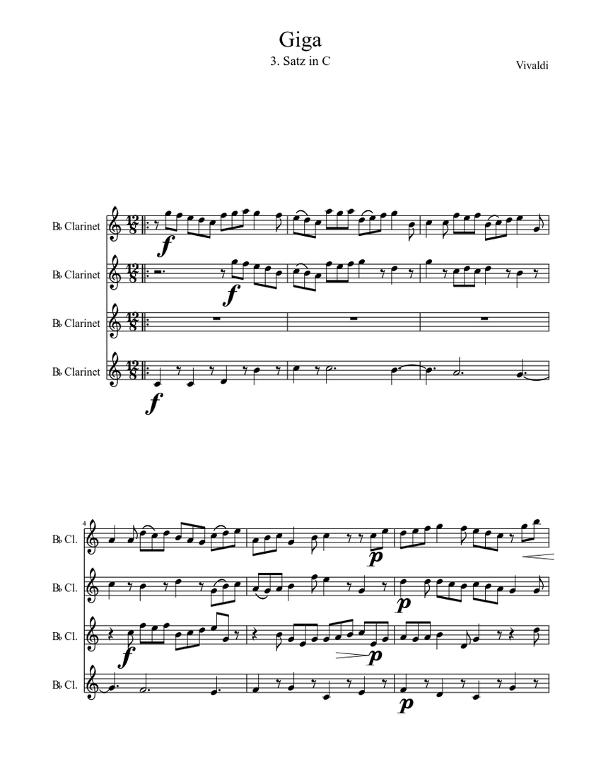 A. Vivaldi: Giga Sheet music for Clarinet other (Mixed Quartet ...