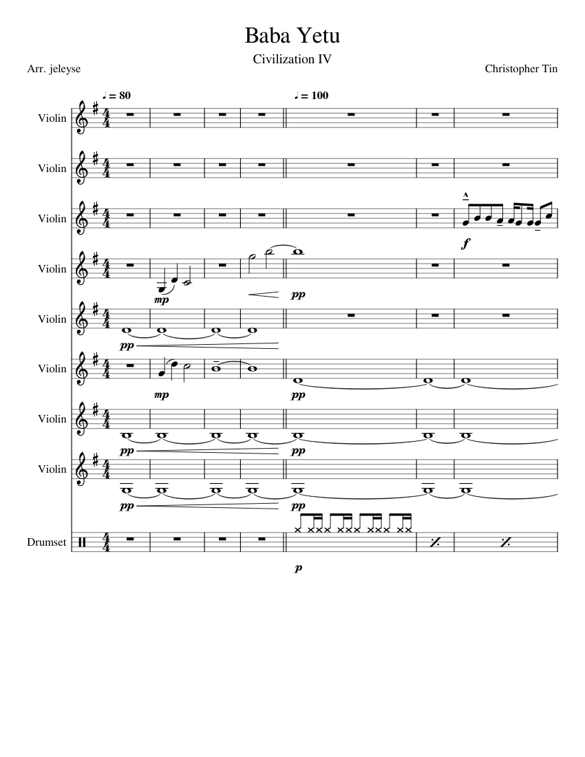 Baba Yetu (Abridged) Sheet music for Violin, Drum group (Mixed Ensemble) | Musescore.com