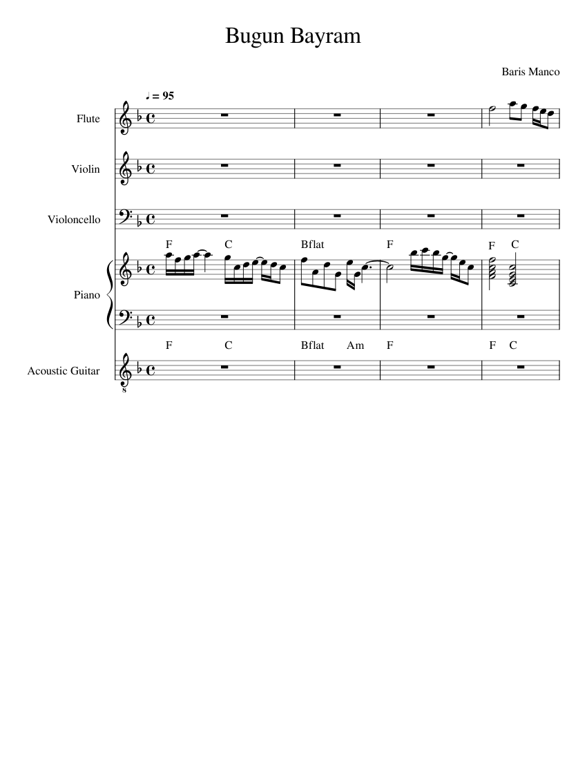 Bugun Bayram Sheet music for Piano, Flute, Violin, Cello & more instruments (Mixed Quintet ...
