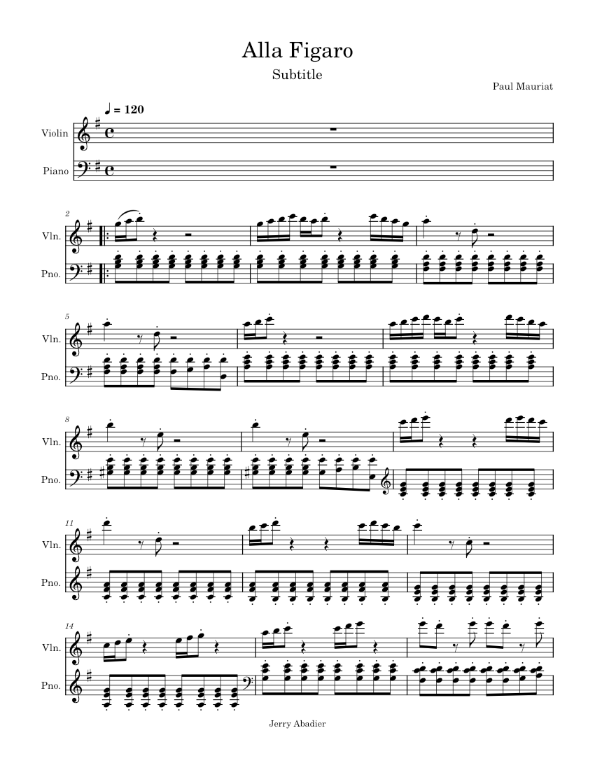 ALLA FIGARO – Paul Mauriat Alla Figaro Sheet Music for Piano, Violin ...