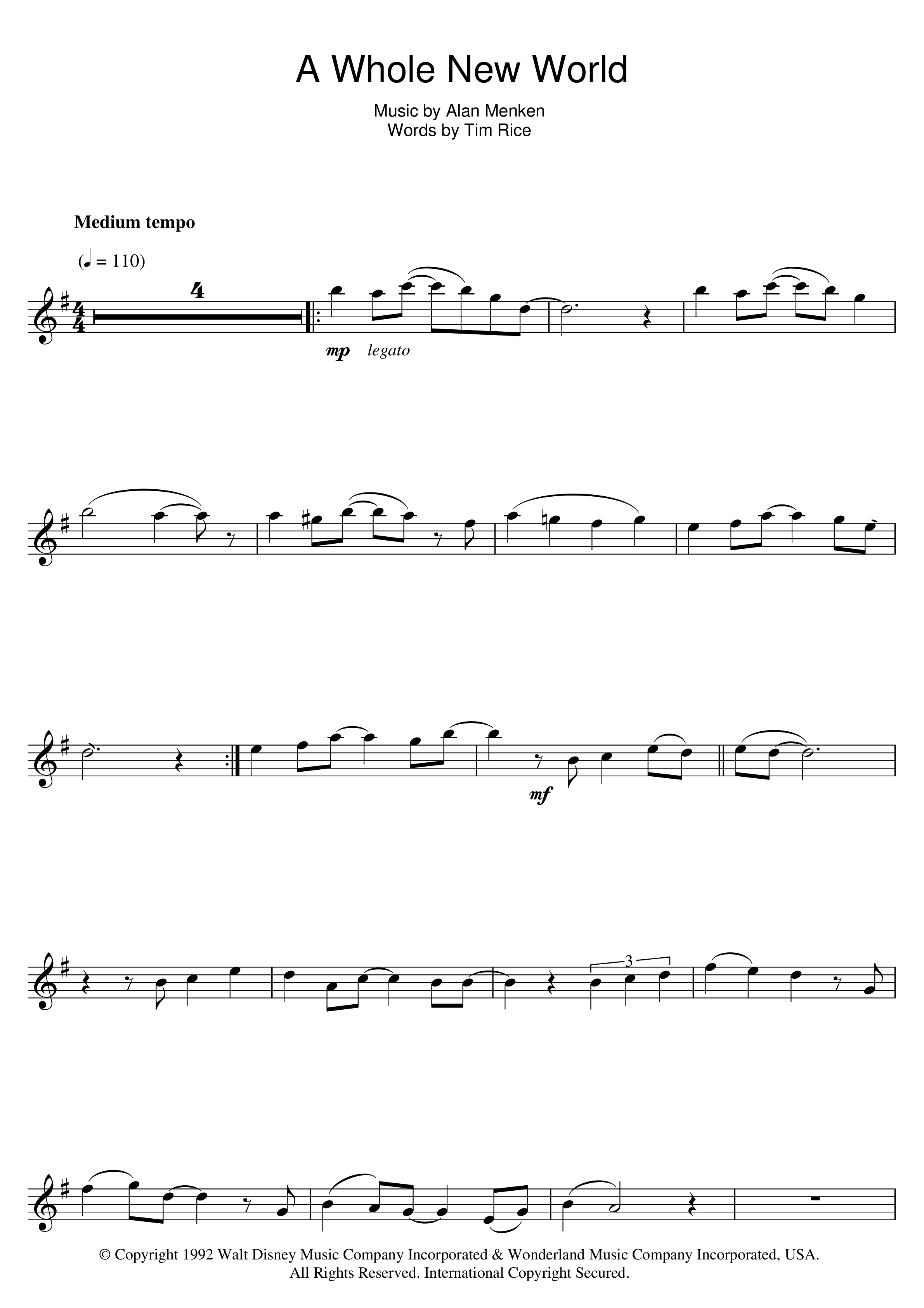 Play Official version of A Whole New World Sheet Music by Alan Menken for Saxophone alto ...