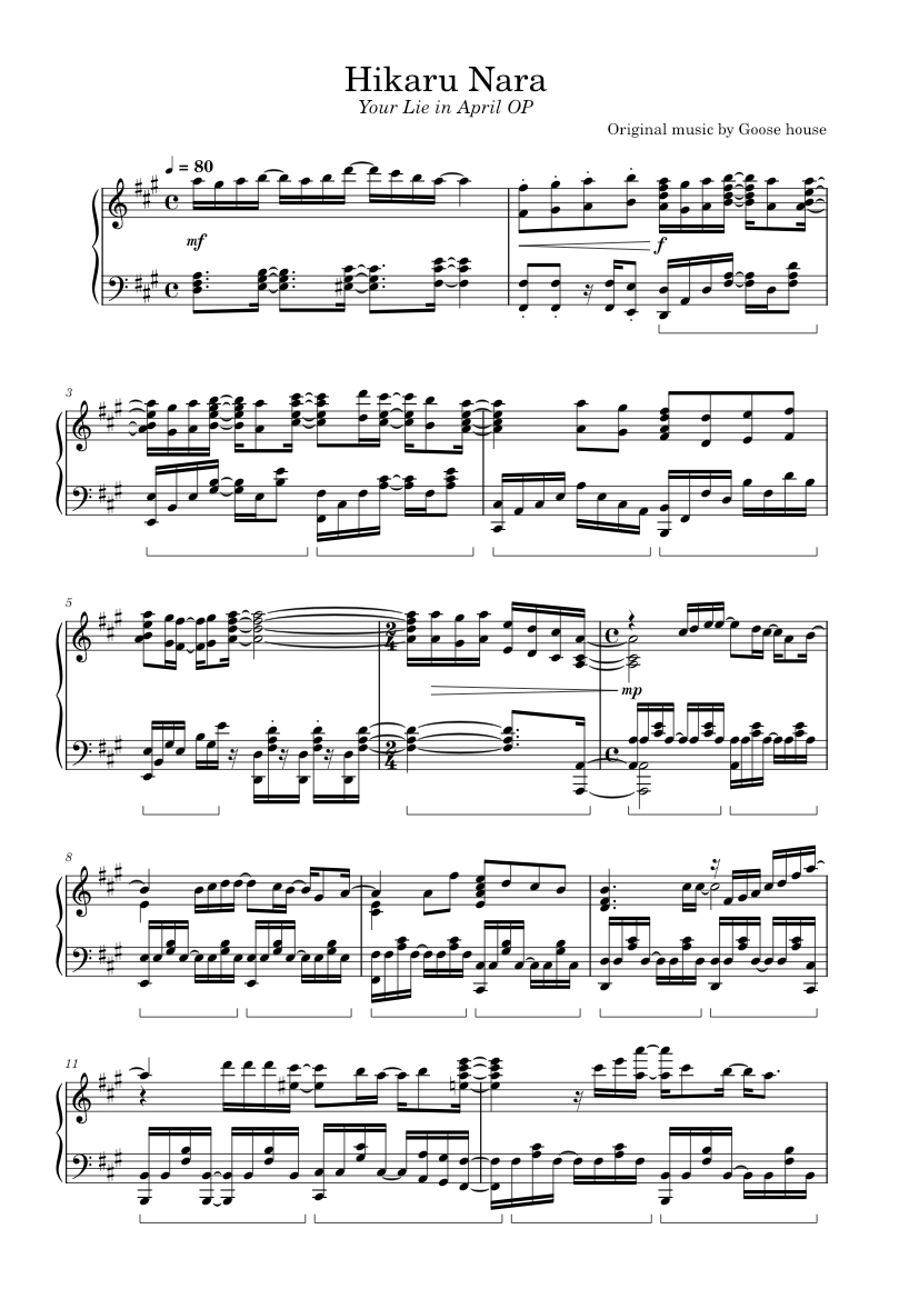 Hikaru nara – Goose House arr. Animenz Sheet Music for Piano (Solo ...