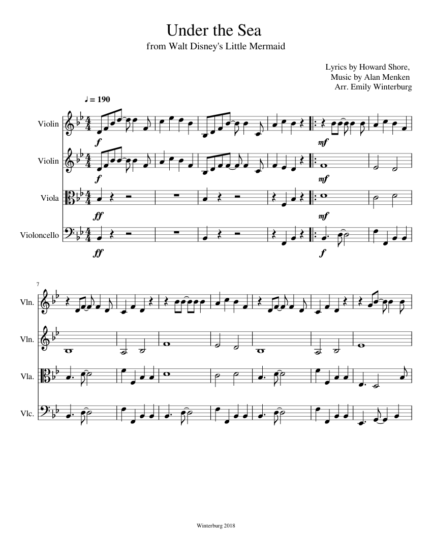 Under the Sea for string quartet Sheet music for Violin, Viola, Cello ...