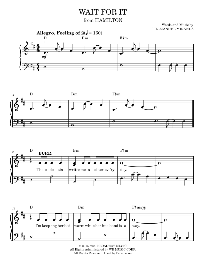 Wait For It (from Hamilton) Sheet music for Piano by Lin-Manuel Miranda ...