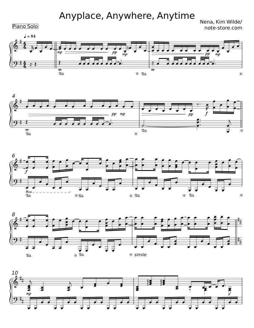 Anyplace anywhere anytime - Nena Sheet music for Piano (Piano Duo) | Musescore.com