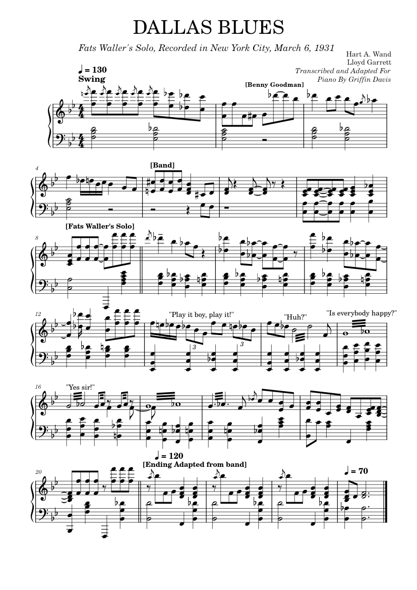 Dallas Blues – Fats Waller Sheet music for Piano (Solo) | Musescore.com