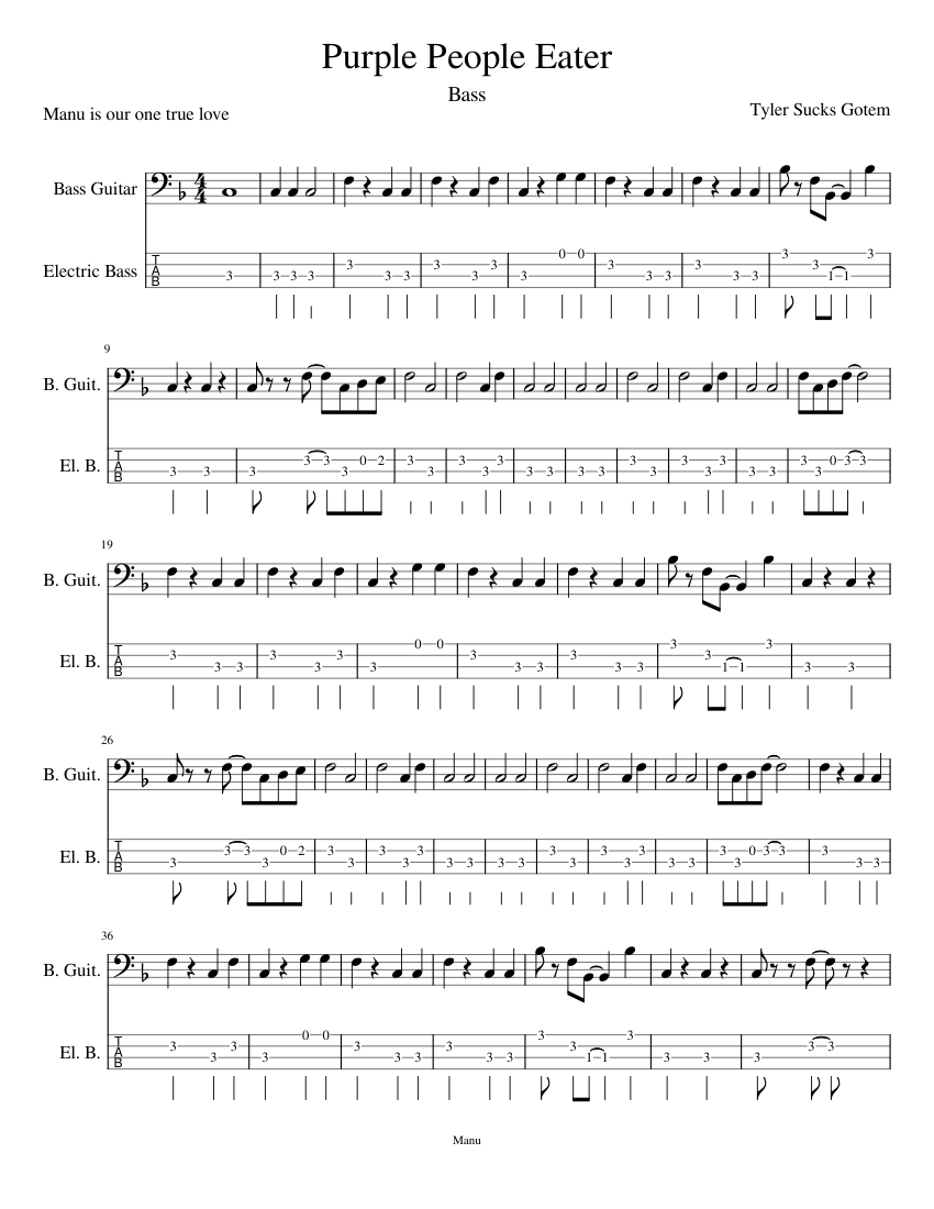 Purple People Eater Bass with sheet and tab Sheet music for Bass guitar ...